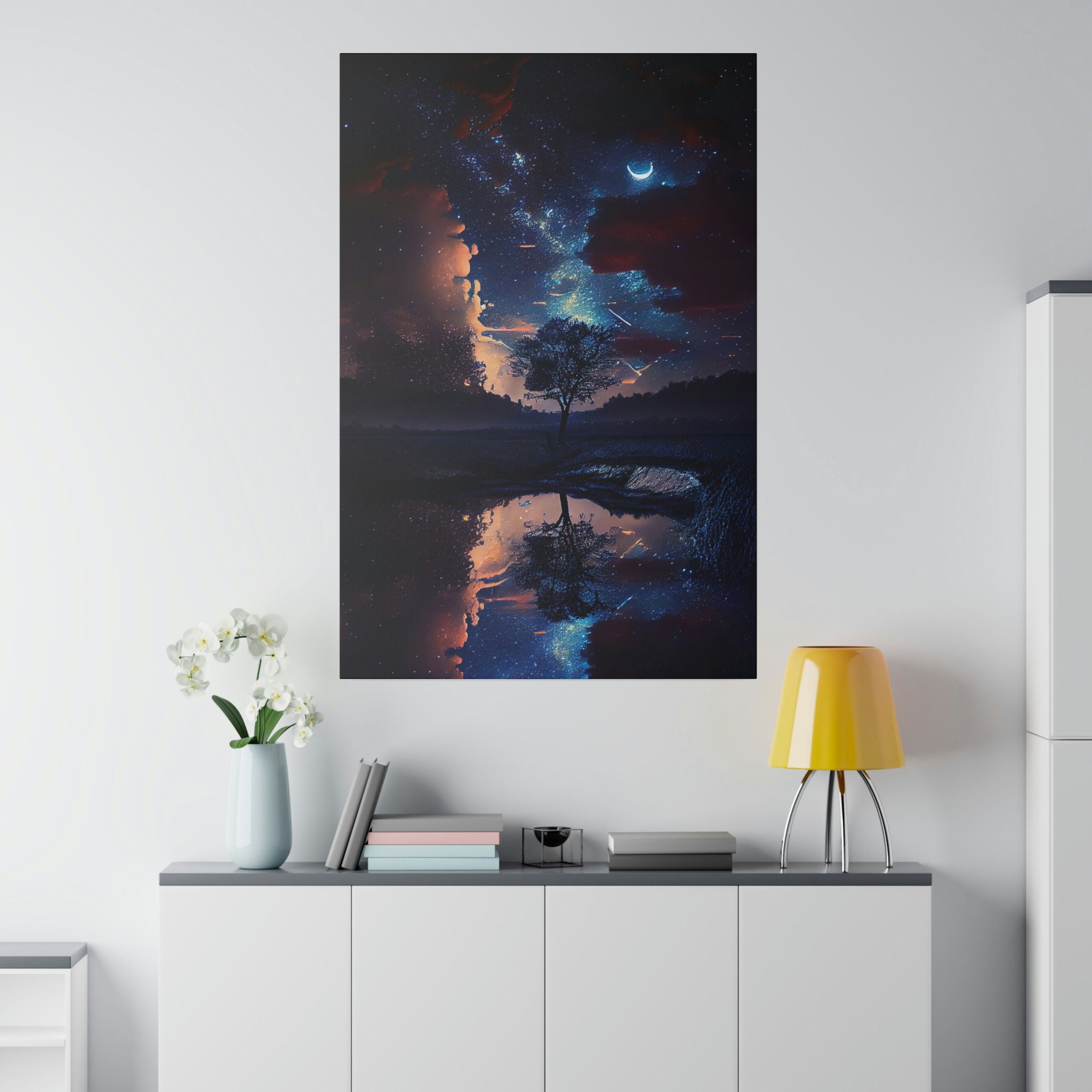 Starry Night Sky Canvas Print Twilight Reflection Tree Wall Art Milky ...