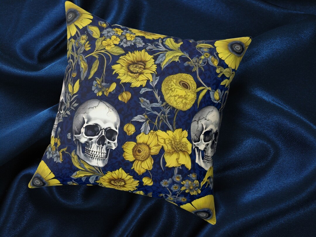 Dark Botanical Floral Skull Pillow, Gothic Flower Pattern Indigo Blue ...