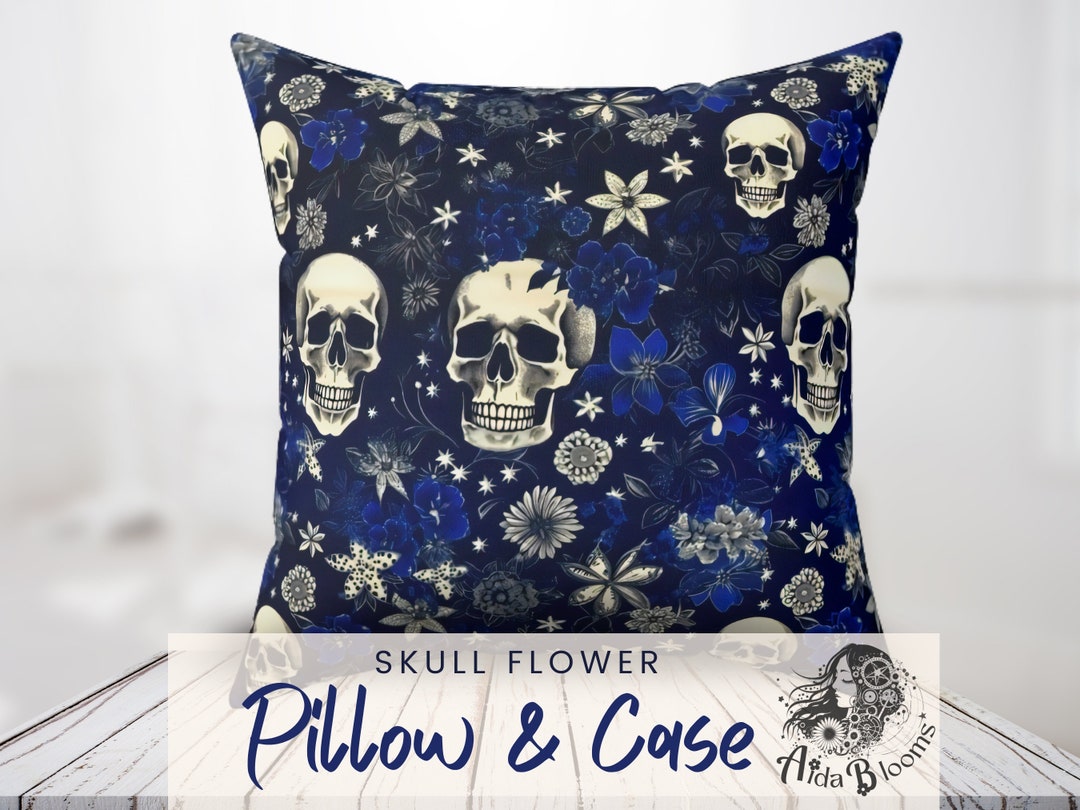 Dark Boho Floral Skull Pillow, Gothic Flower Pattern Blue and White ...