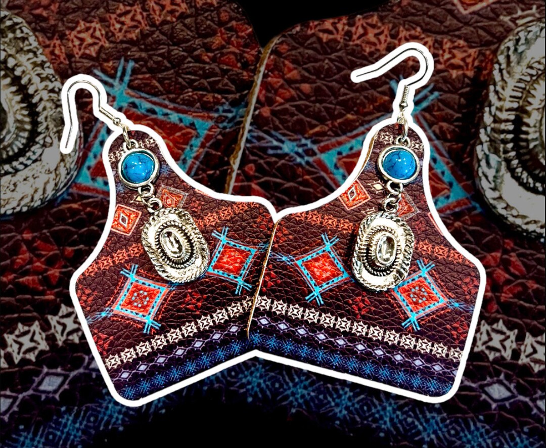Aztec and Turquoise Cowboy Hat Cow Tag Large Earring - Etsy