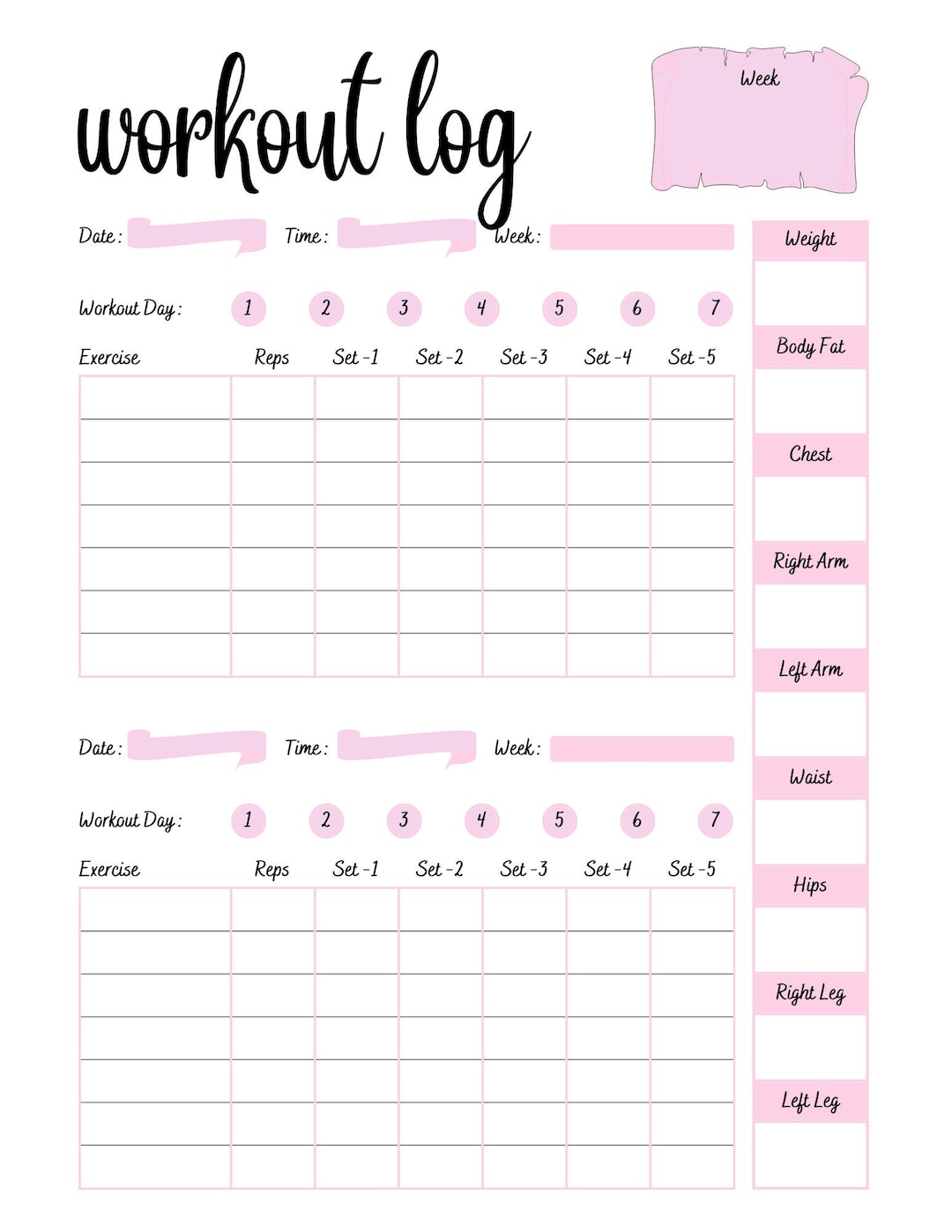Weekly Work Out Tracker - Etsy