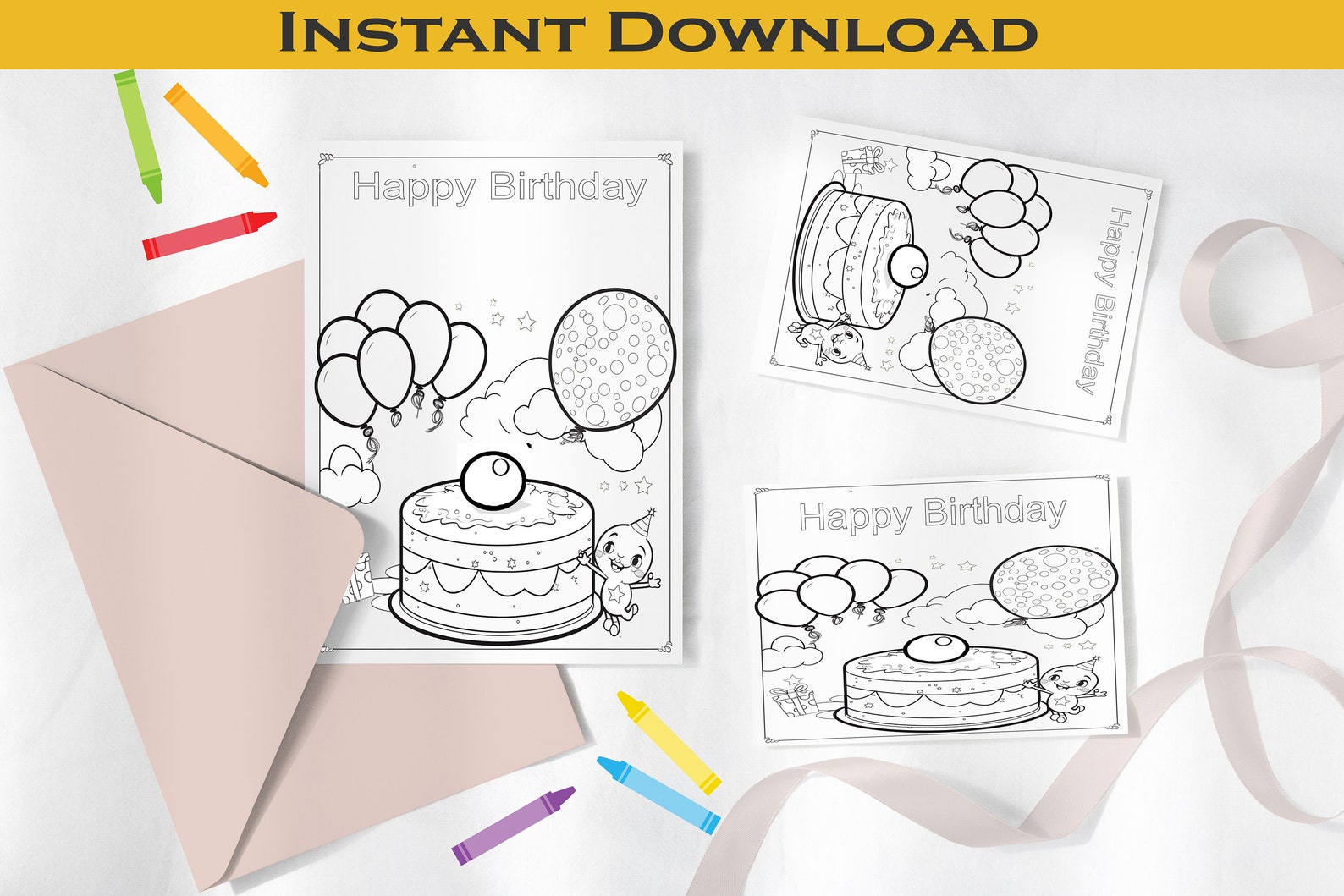 PRINTABLE Happy Birthday Coloring Card, Birthday Cake With Balloons ...