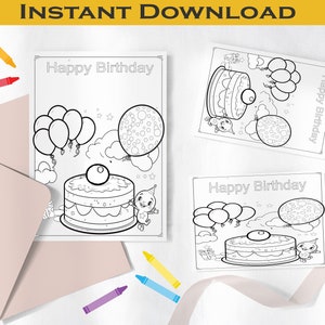 PRINTABLE Happy Birthday Coloring Card, Birthday Cake With Balloons ...