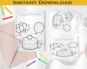 Printable Coloring Happy Birthday Card Cake Balloons Party - Etsy