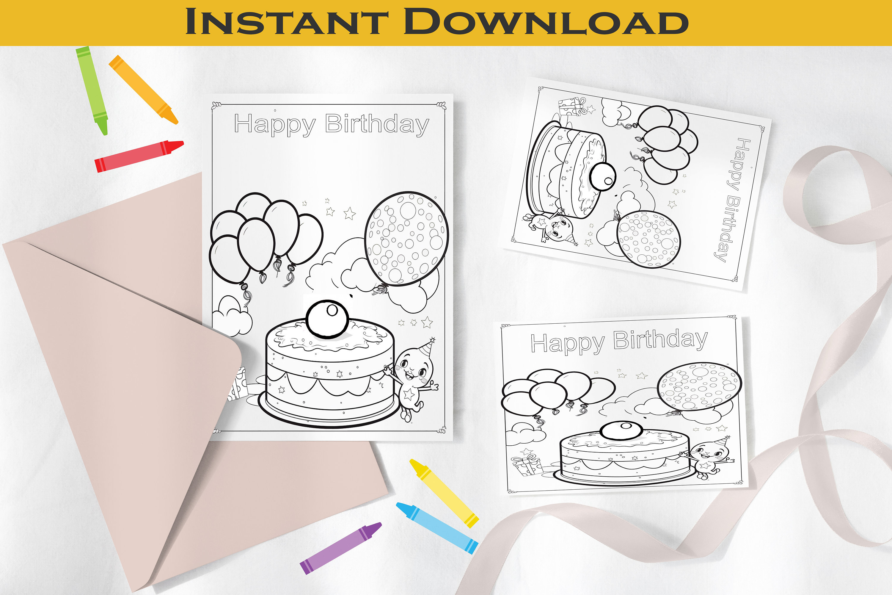 PRINTABLE Happy Birthday Coloring Card, Birthday Cake With Balloons ...