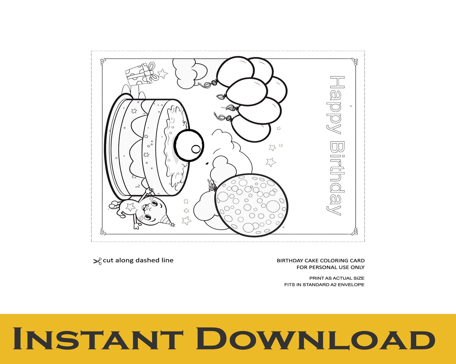 PRINTABLE Happy Birthday Coloring Card, Birthday Cake With Balloons ...