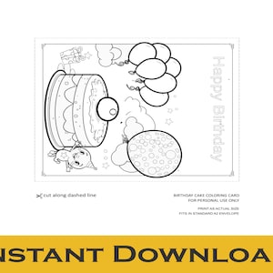 PRINTABLE Happy Birthday Coloring Card, Birthday Cake With Balloons ...