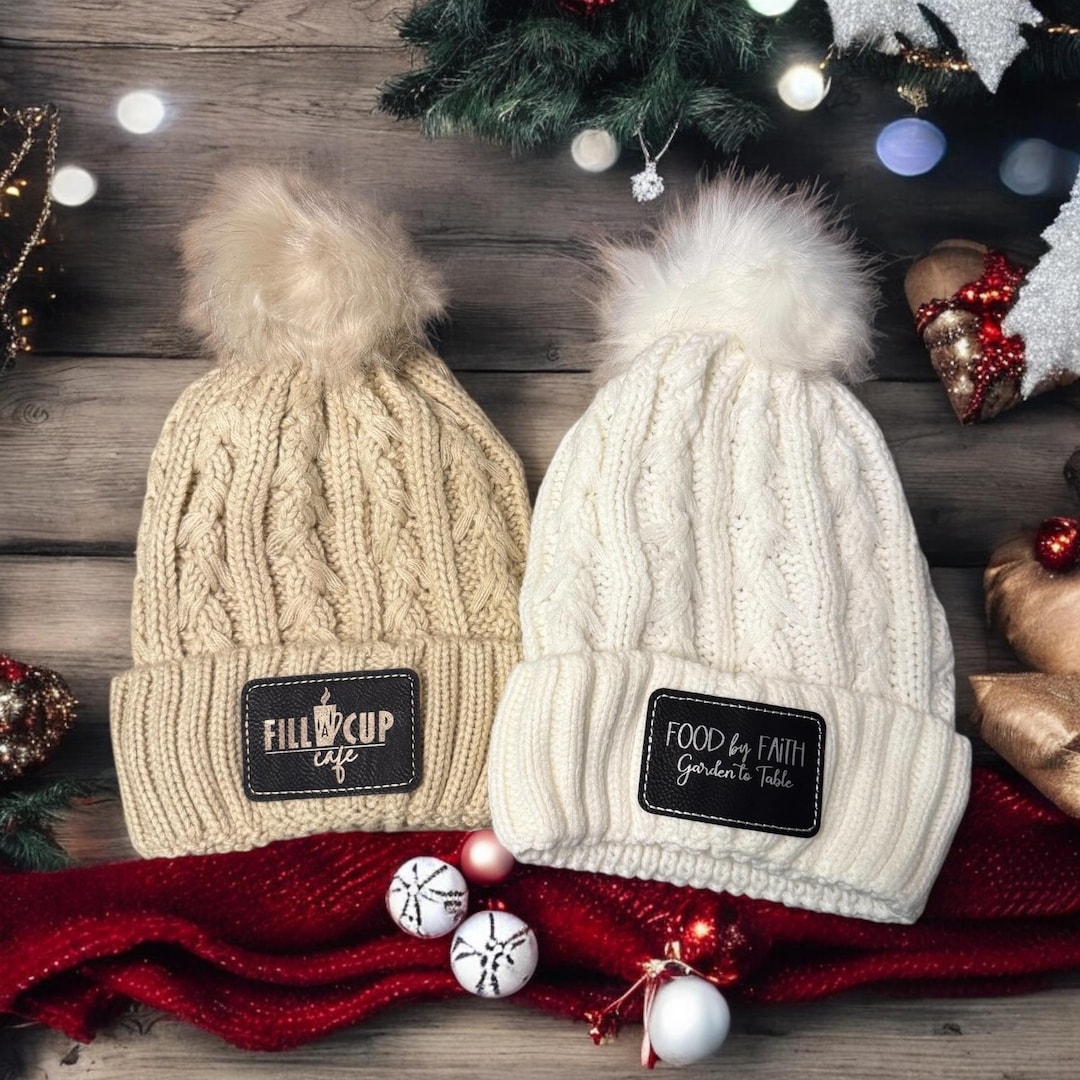 Custom Winter Beanie Hat Personalized With Leather Patch Business Promo ...