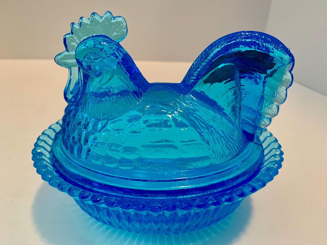 Vintage Blue Glass Hen on Nest Candy Dish - Etsy