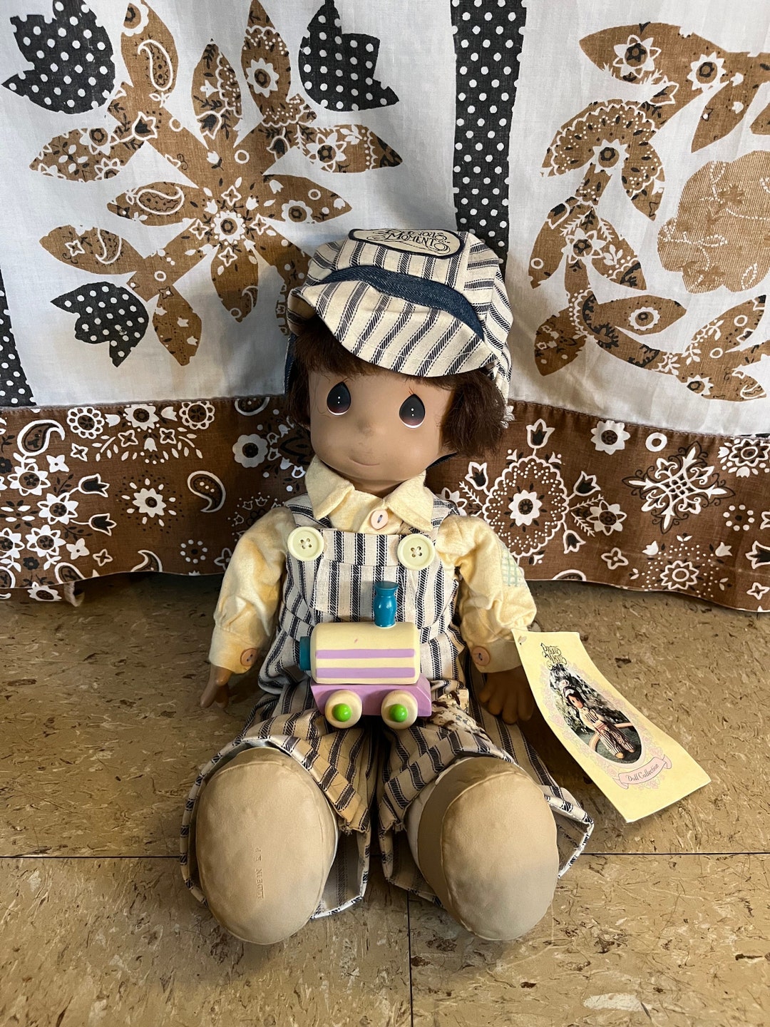 Cute Brunette Boy Train Conductor Doll With Cap Pinstripe Overalls ...