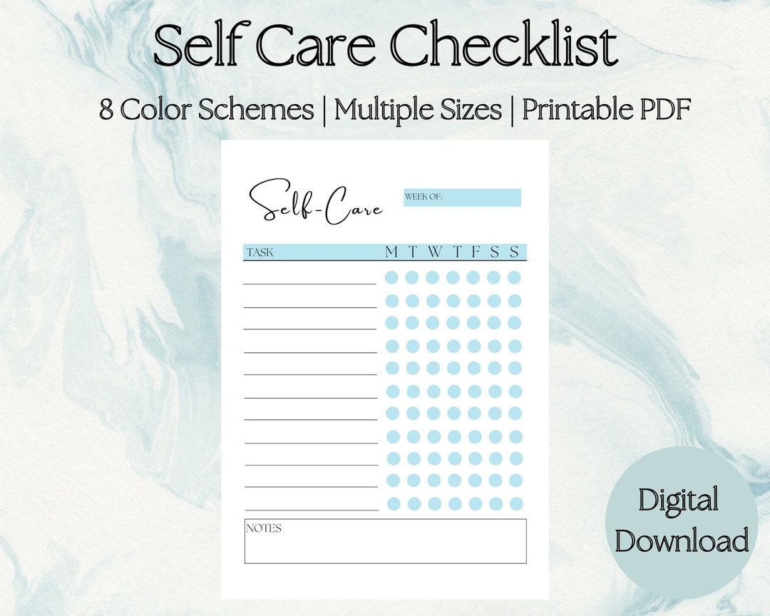 Self Care Checklist, Printable Digital PDF Self Care Task and to Do ...