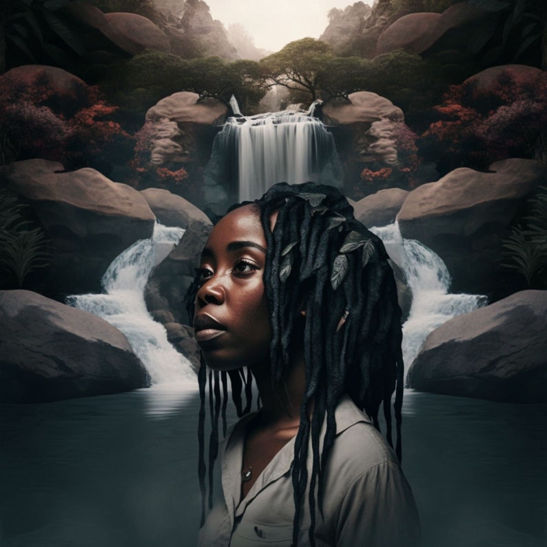 Digital Print of Black Woman in Nature | Natural Waterfall | Muted ...