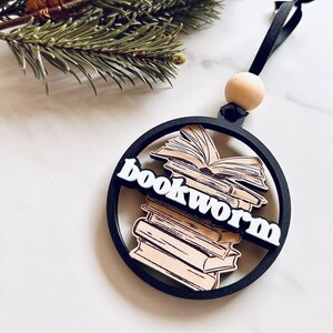 Bookworm Christmas Ornament: Wooden Book Stack Holiday Decor - Etsy