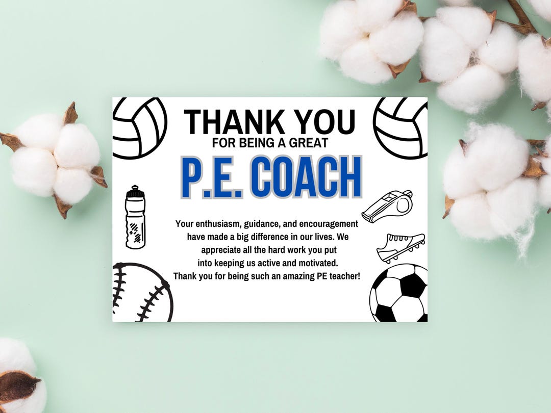 Thank You PE Coach, Teacher Appreciation, PE Teacher Card, Printable ...