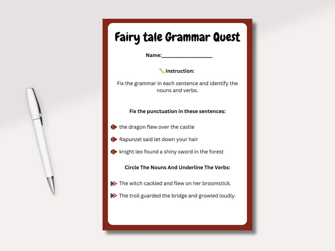 Fairy Tale Grammar Worksheet: Nouns, Verbs & Punctuation (grades 2-5 ...
