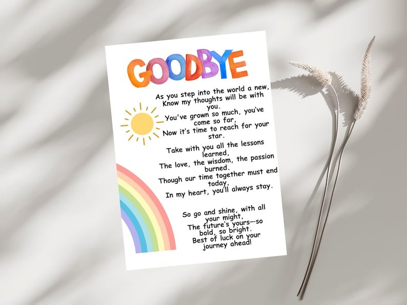 Goodbye Poem, Elementary School Class Gift From Teacher to Student Card ...