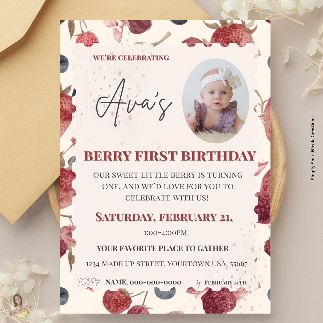 Berry First Birthday Invitation Party Bundle Editable Canva Template ...