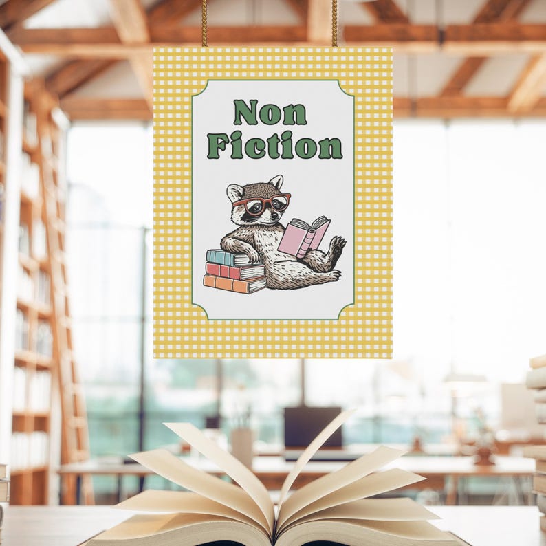 Yellow Gingham Raccoon Library Banner: Non-fiction Sign for Classroom ...