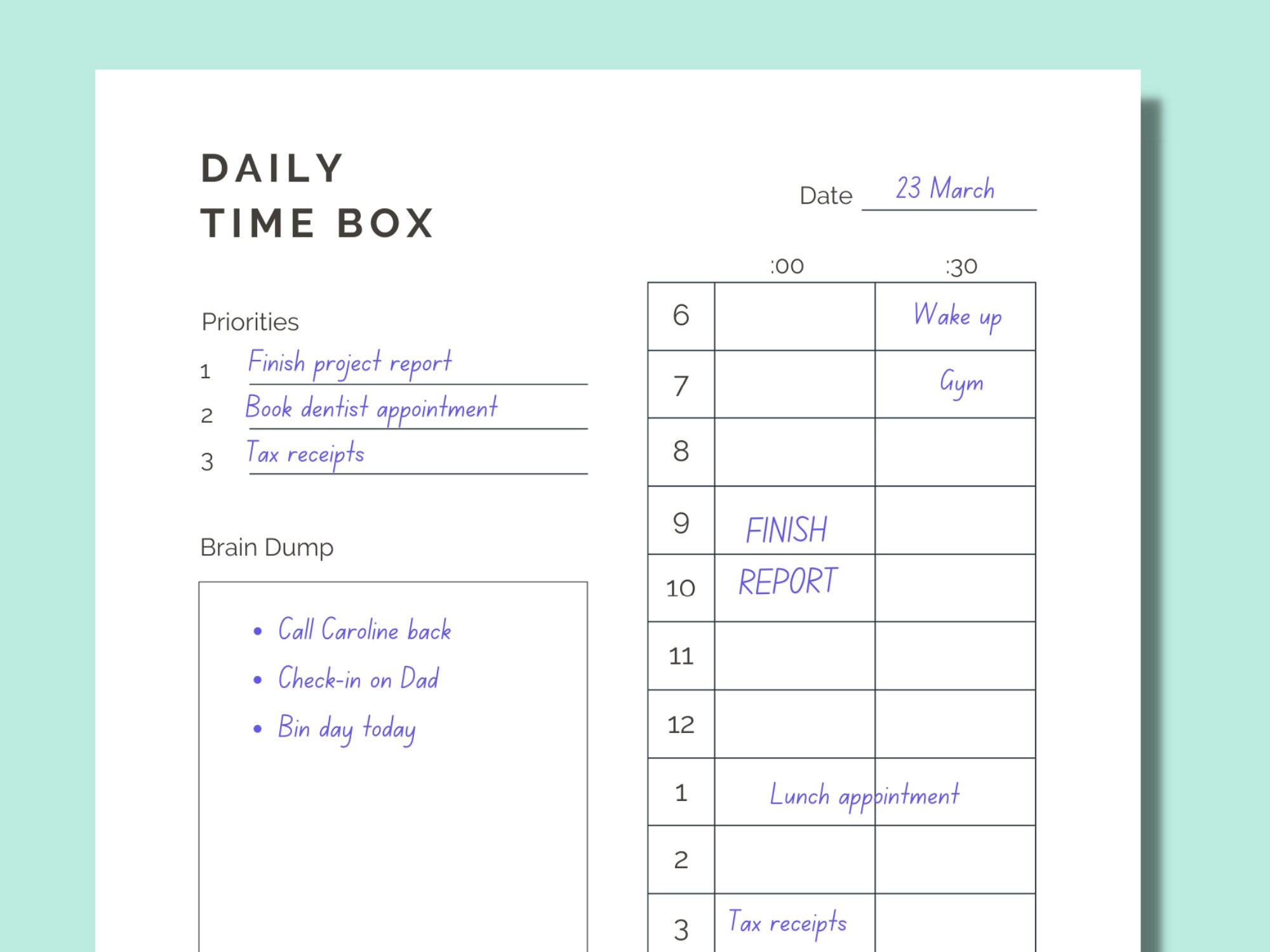 Daily Time Box Planner Printable A4 Size, Time Blocking Template ...