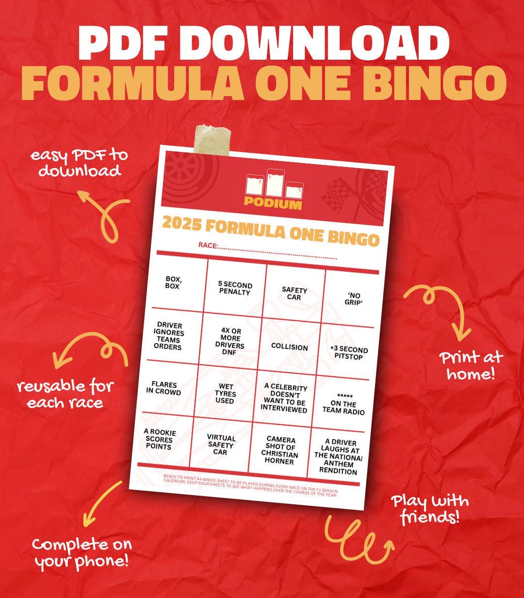 Formula 1 Bingo Sheet | Podium Drinking Game | F1 Race Day Printable ...