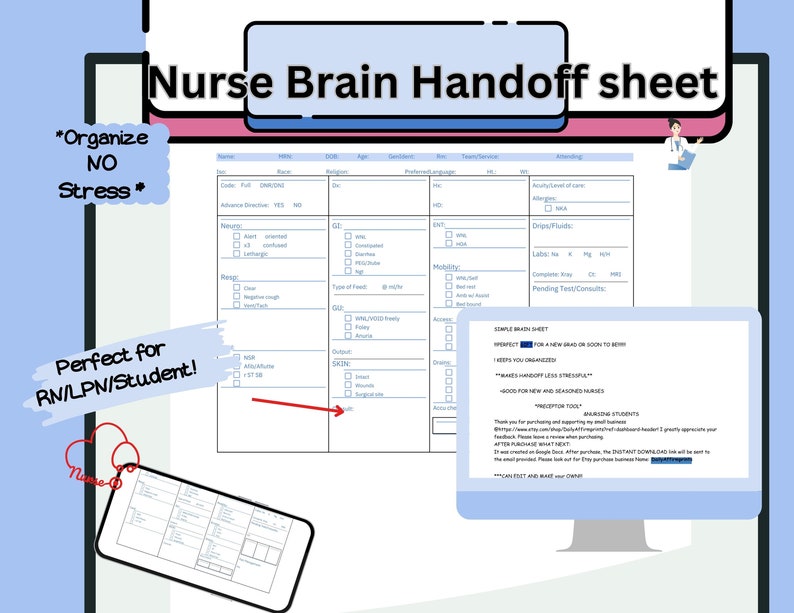 Nurse Brain Handoff Report Simple RN LPN Tool Easy Report New Grad ...