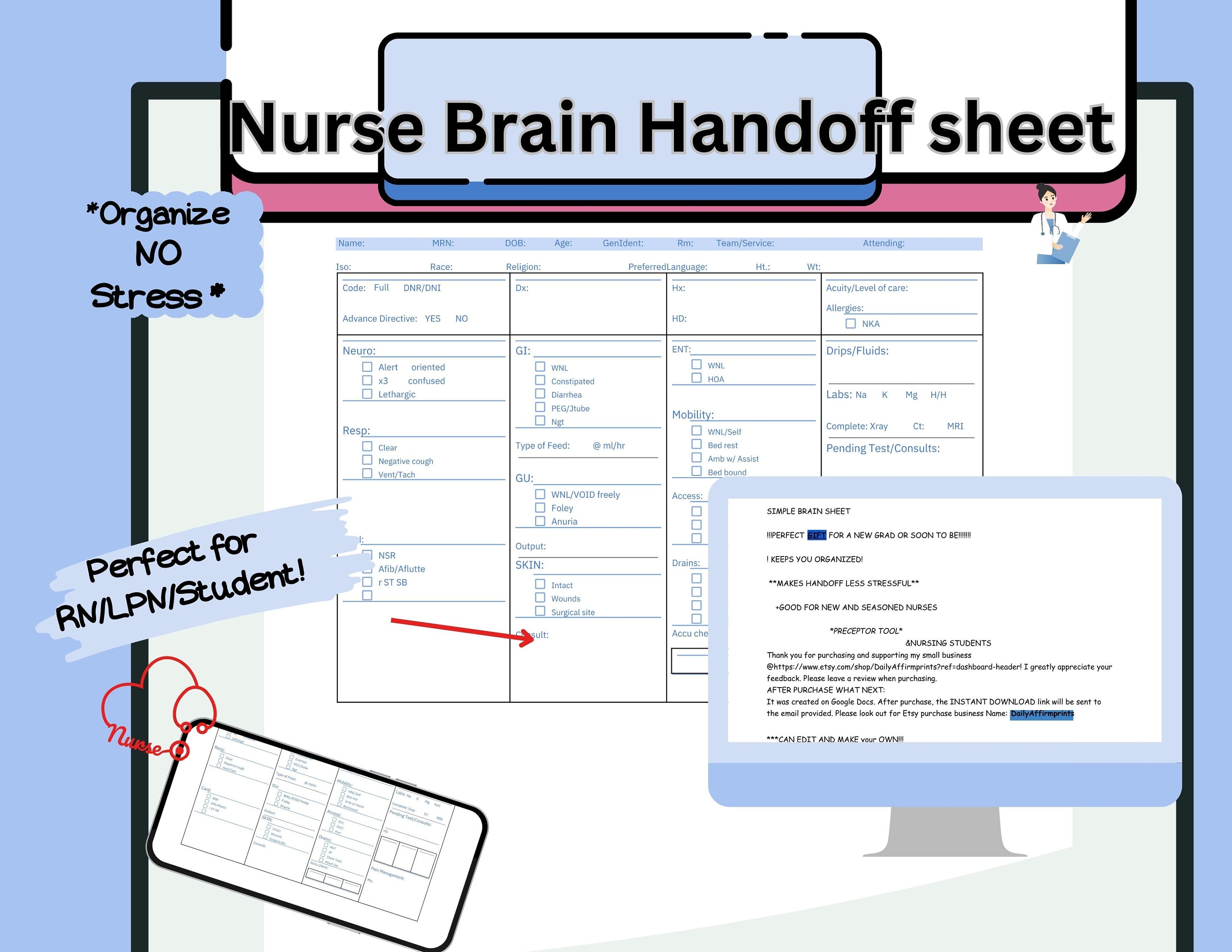 Nurse Brain Handoff Report Simple RN LPN Tool Easy Report New Grad ...