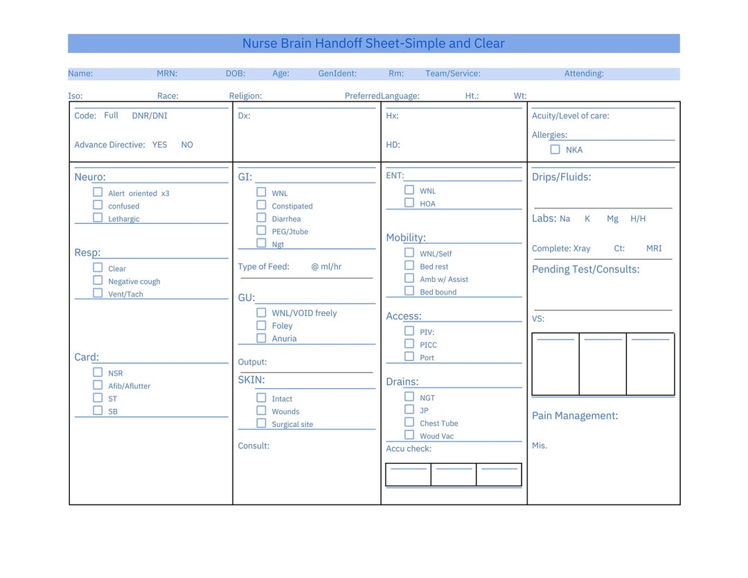 Nurse Brain Handoff Report Simple RN LPN Tool Easy Report New Grad Student Sheet Orangize Isbar ...
