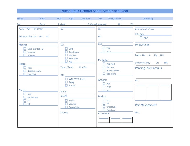 Nurse Brain Handoff Report Simple RN LPN Tool Easy Report New Grad ...