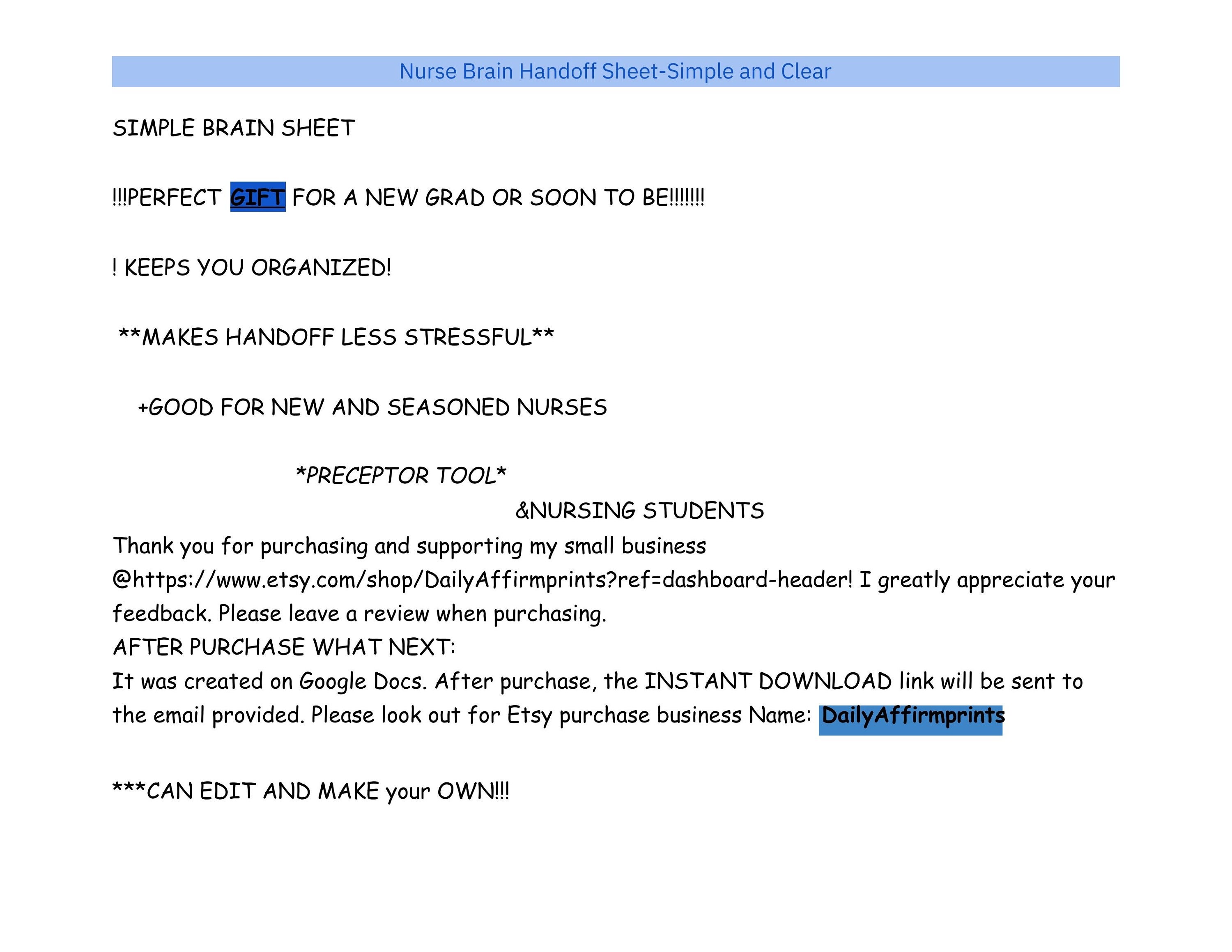 Nurse Brain Handoff Report Simple RN LPN Tool Easy Report New Grad Student Sheet Orangize Isbar ...