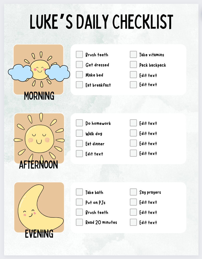 Daily Routine Checklist for Kids Editable Template Printable Tracker ...
