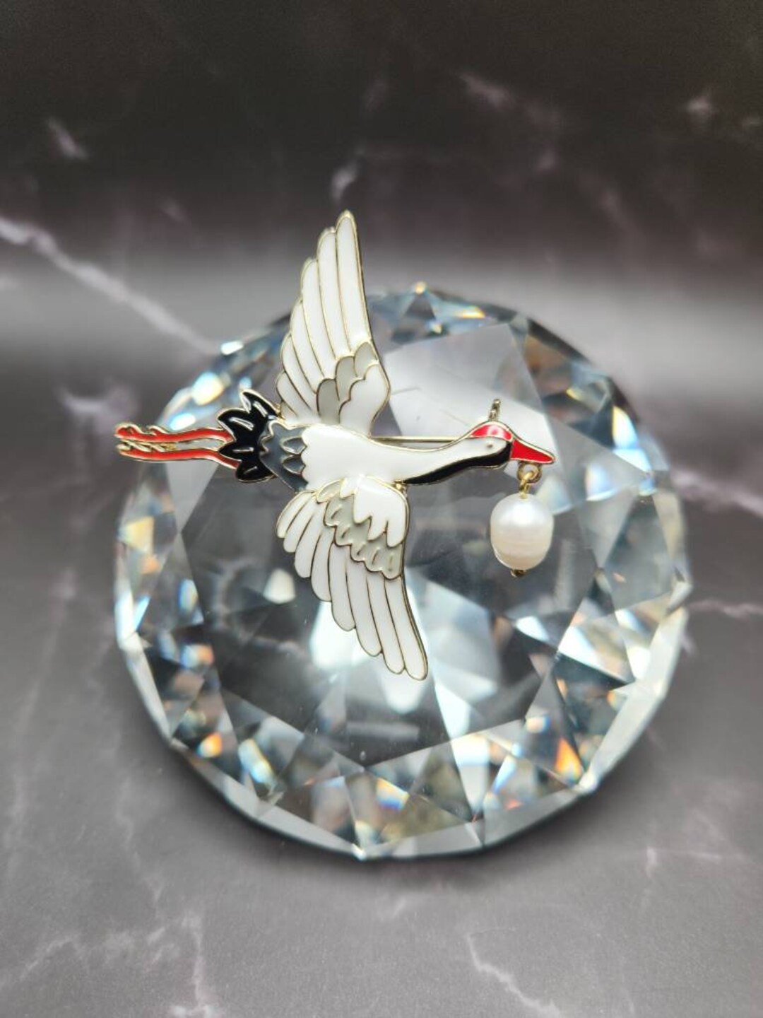 Crane Brooch Enamel W White Pearl Brooch Vintage Style Animal - Etsy