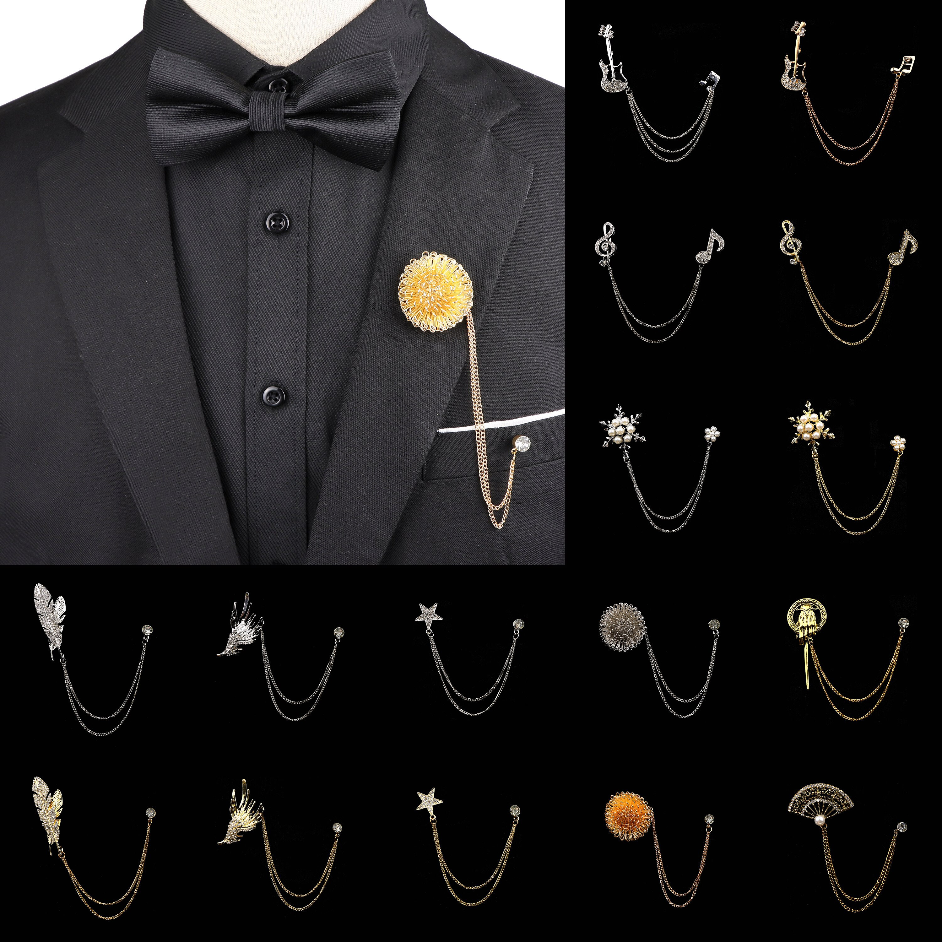 Fashion Gentleman Tassel Chain Brooch Guitar Musical Star Leaf Retro ...