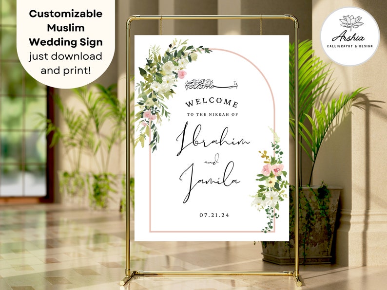 Floral Muslim Wedding Welcome Sign, Custom Nikkah Announcement Poster ...