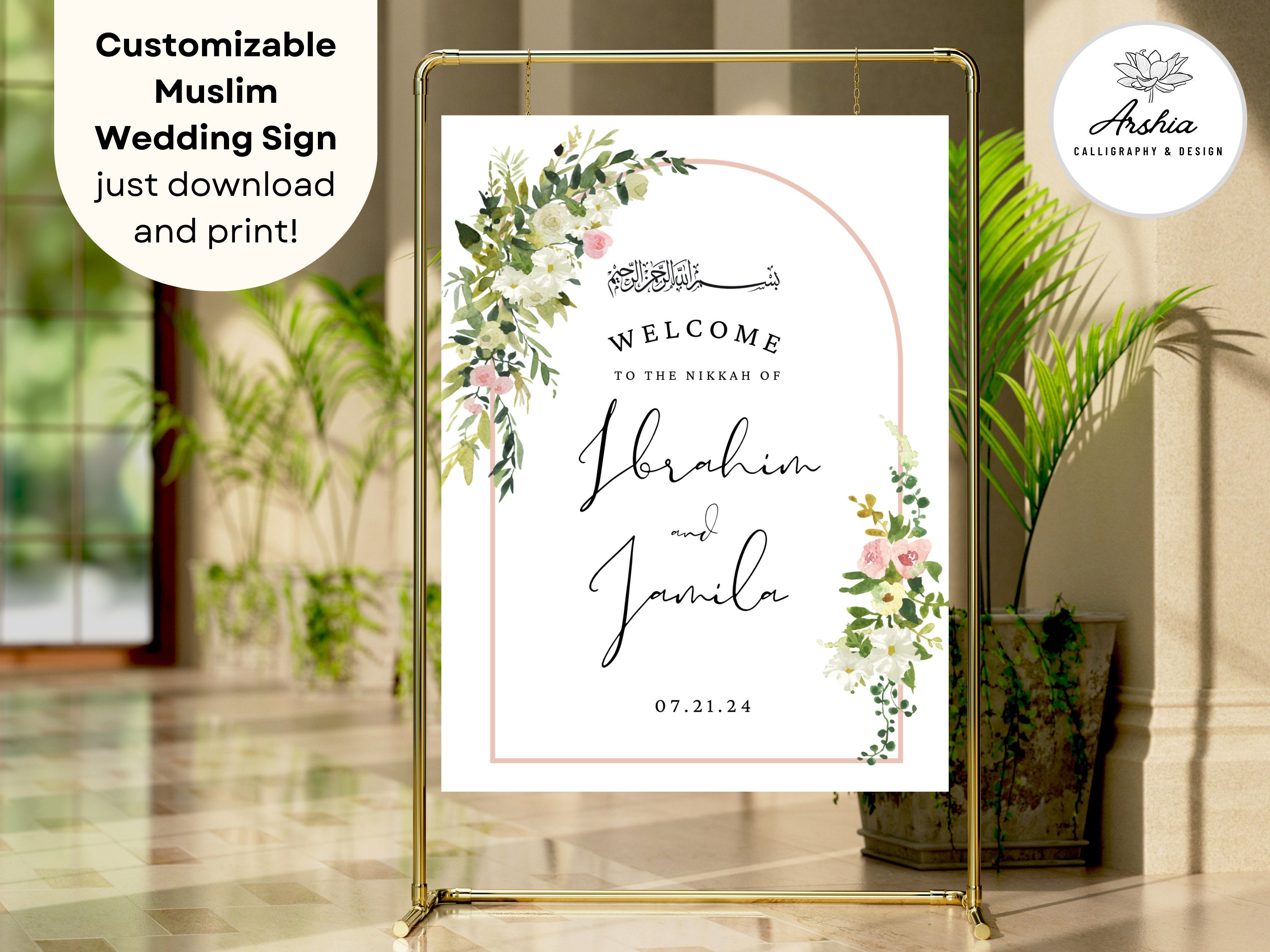 Floral Muslim Wedding Welcome Sign, Custom Nikkah Announcement Poster ...