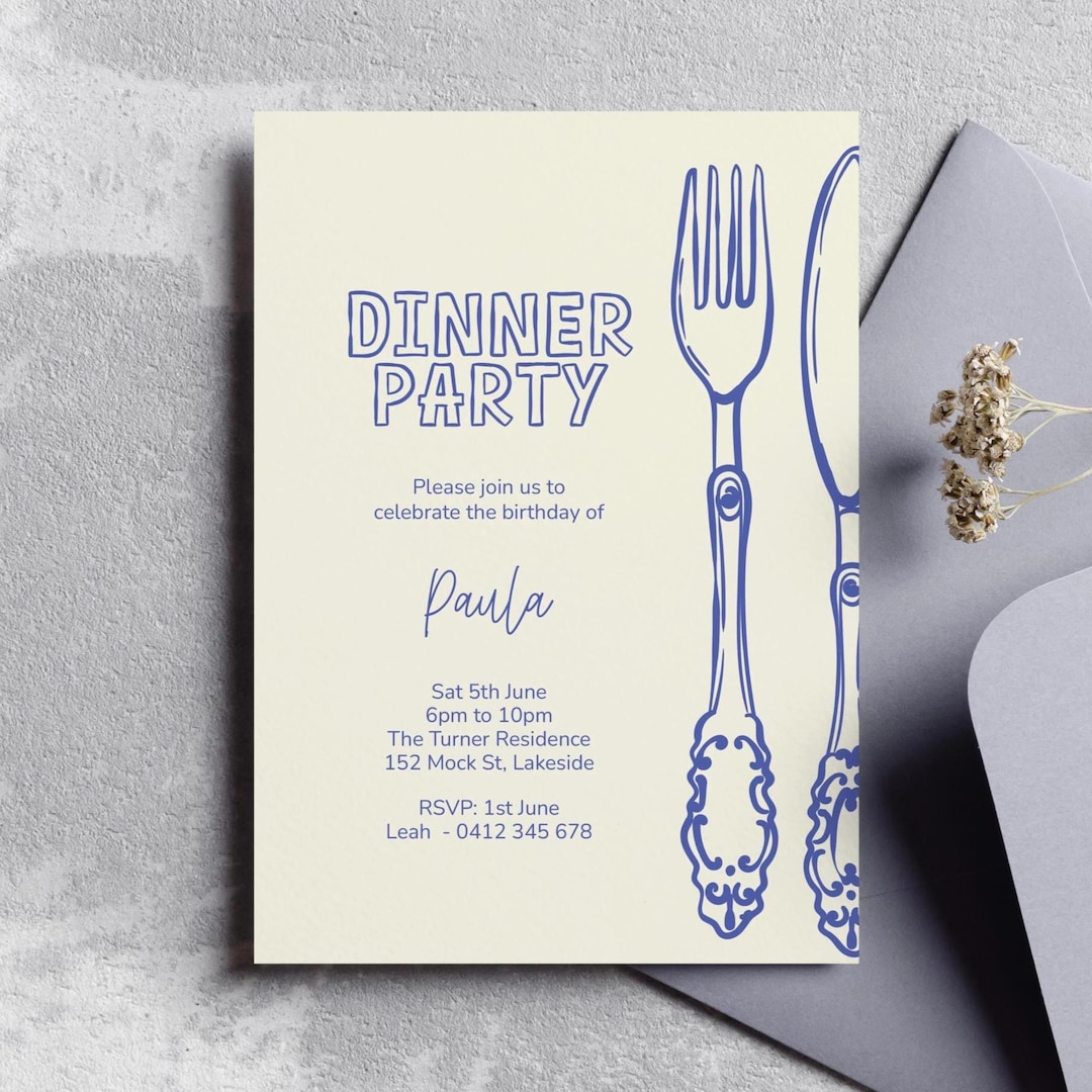 Editable Dinner Party Invitation: Modern Birthday Drinks Banquet ...