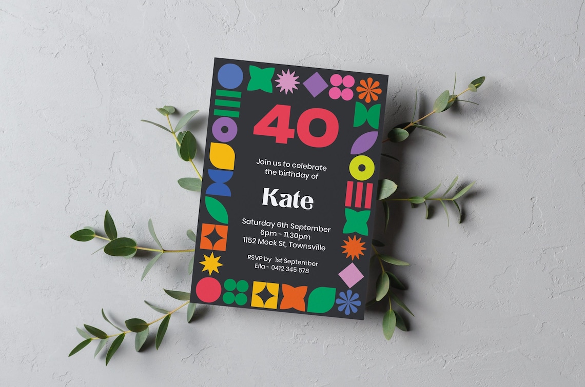 Editable 40th Birthday Invitation: Modern Geometric Design (editable ...
