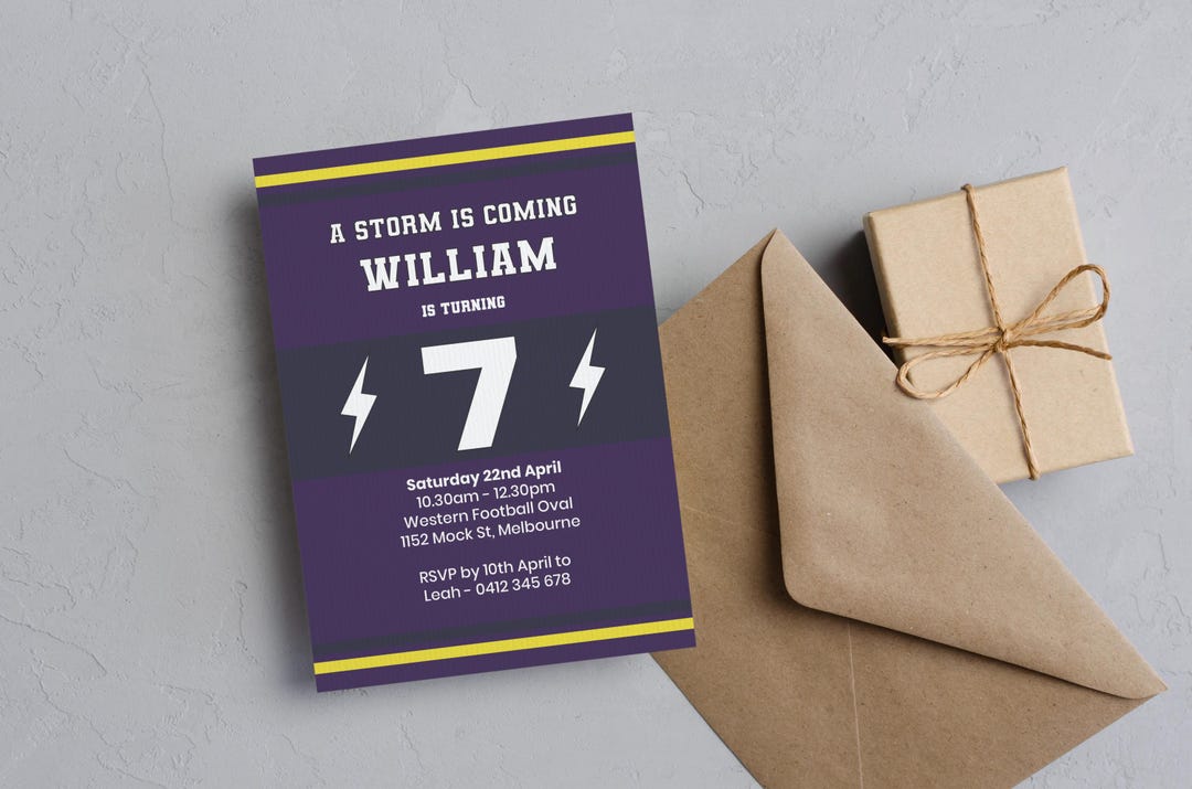 NRL Melbourne Storm 7th Birthday Party Invitation Footy Seven Kids ...