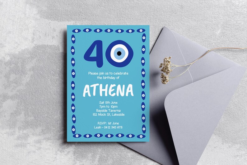 Greek 40th Birthday Invitation: Evil Eye Amulet, Editable Template ...