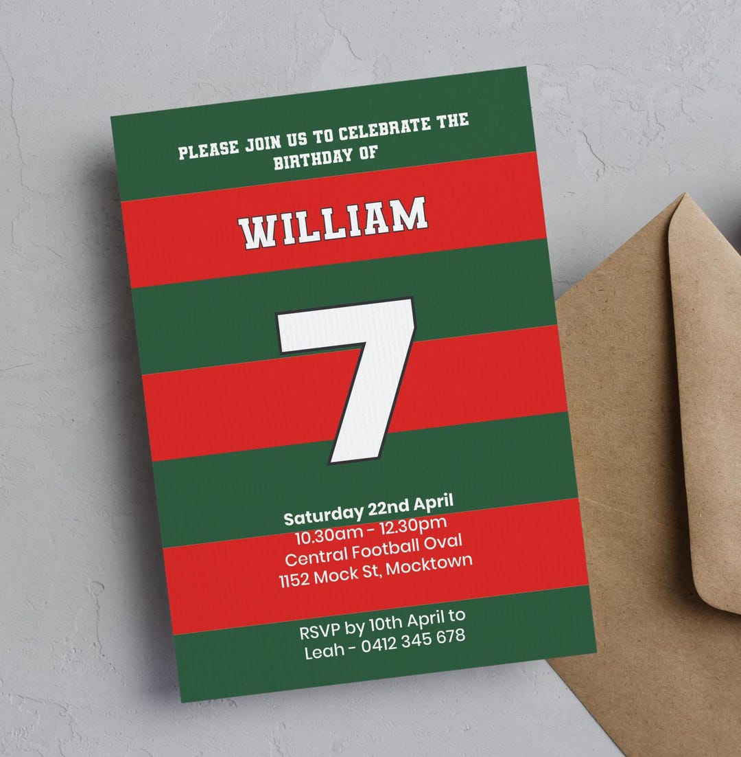 Editable Age NRL South Sydney Rabbitohs 7th Birthday Party Invitation ...