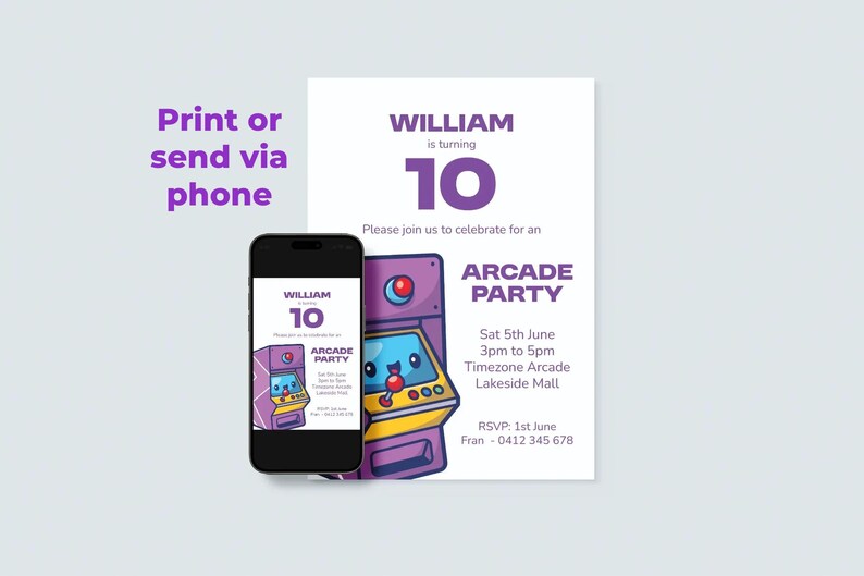 10th Birthday Arcade Party Invitation | Custom Editable DIY Invite ...