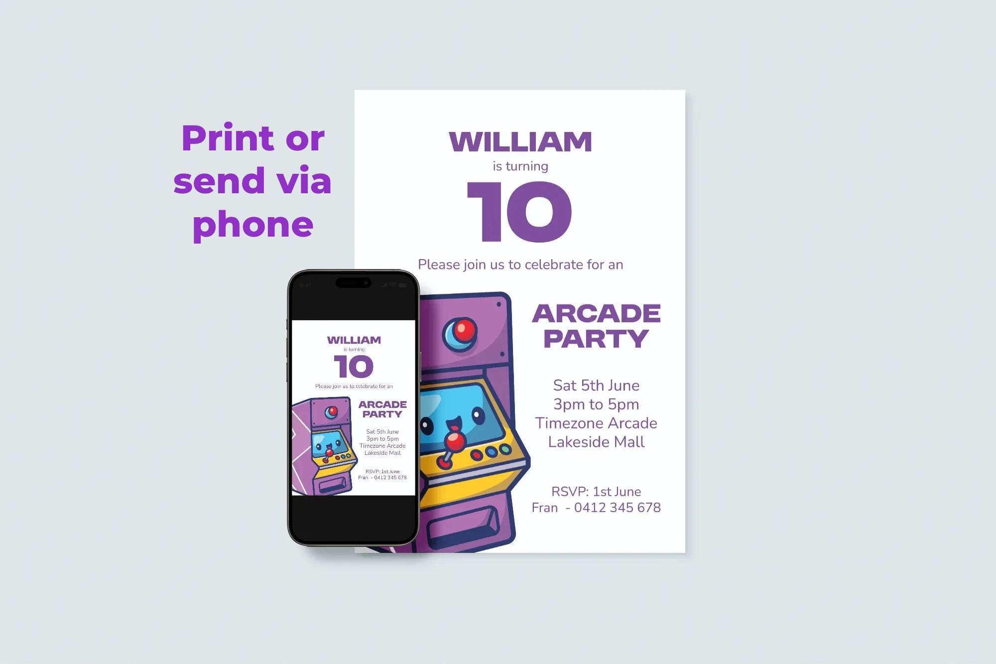 10th Birthday Arcade Party Invitation | Custom Editable DIY Invite ...