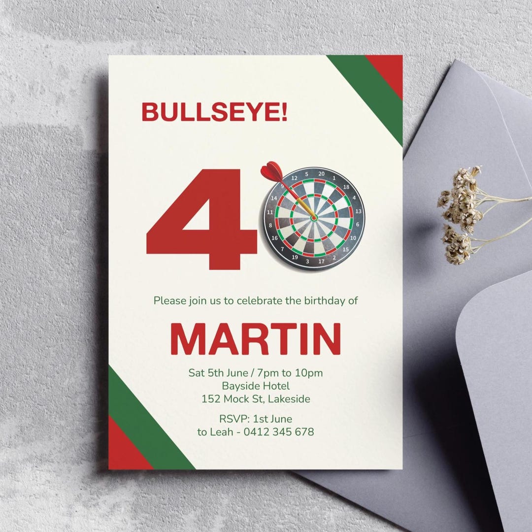Darts 40th Birthday Invitation: Editable Bullseye Party (editable ...