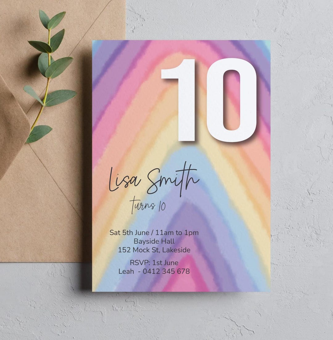 10th Birthday Invite Editable Rainbow Minimalist Bday Tenth Party ...