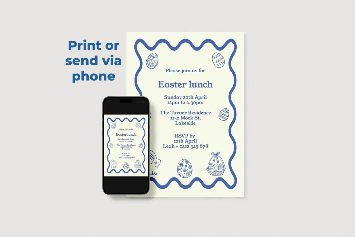 Easter Lunch Invitation | Editable Invite for Easter Celebration | Blue ...