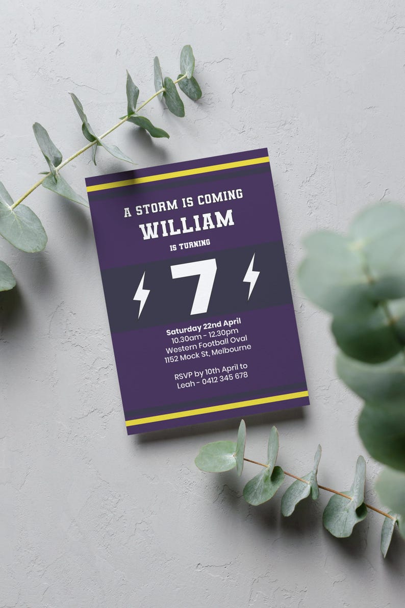 Melbourne Editable Age Storm Invitation 7th Birthday Party Footy Seven ...