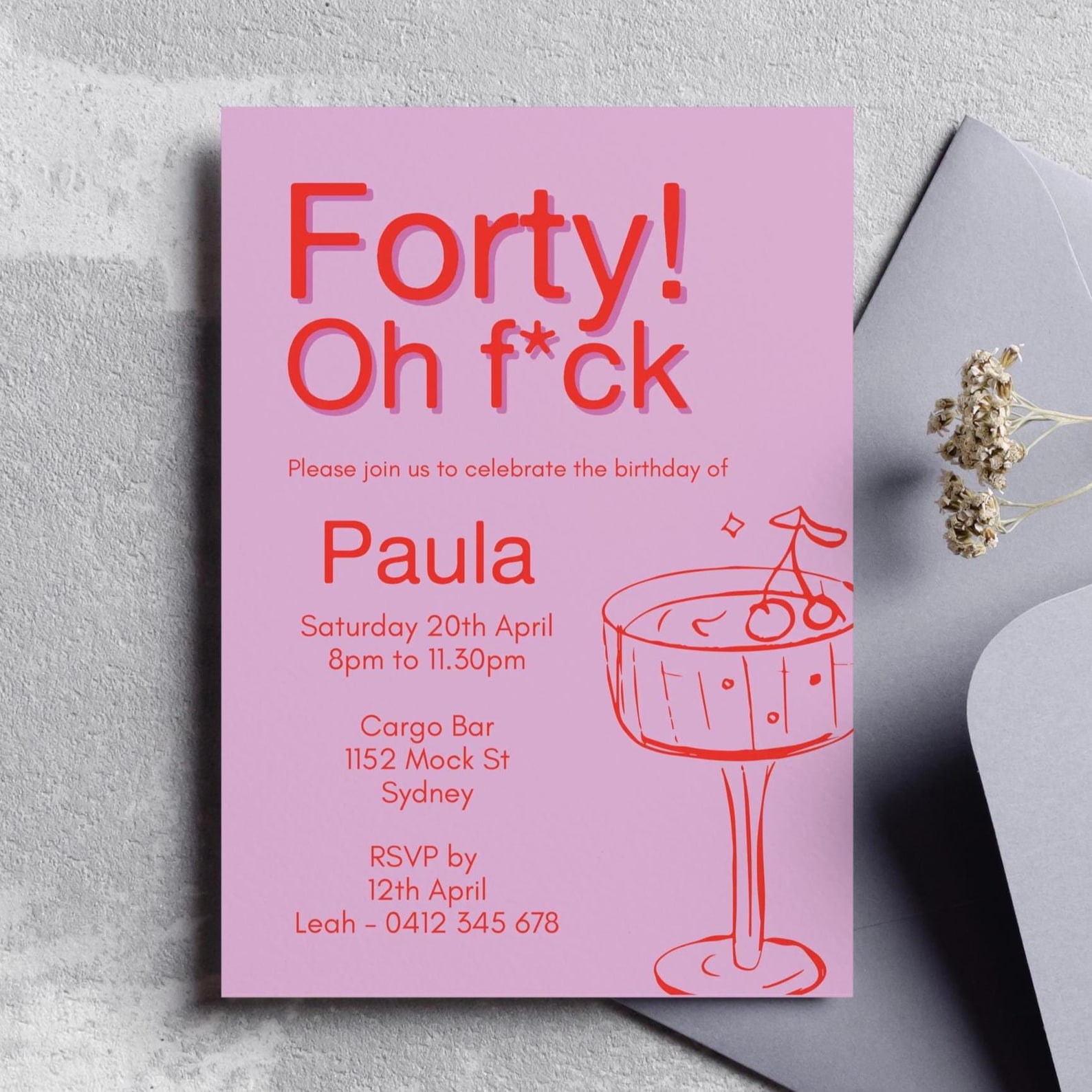 Editable 40th Birthday Invitation: Modern DIY Party Invite (A5 Digital ...