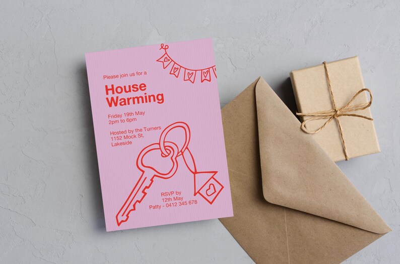Editable Housewarming Invitation Template: Pink & Red Key Design Hand ...