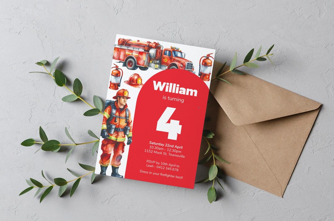 Firefighter 4th Birthday Party Invitation Firetruck Boys Forth Birthday ...