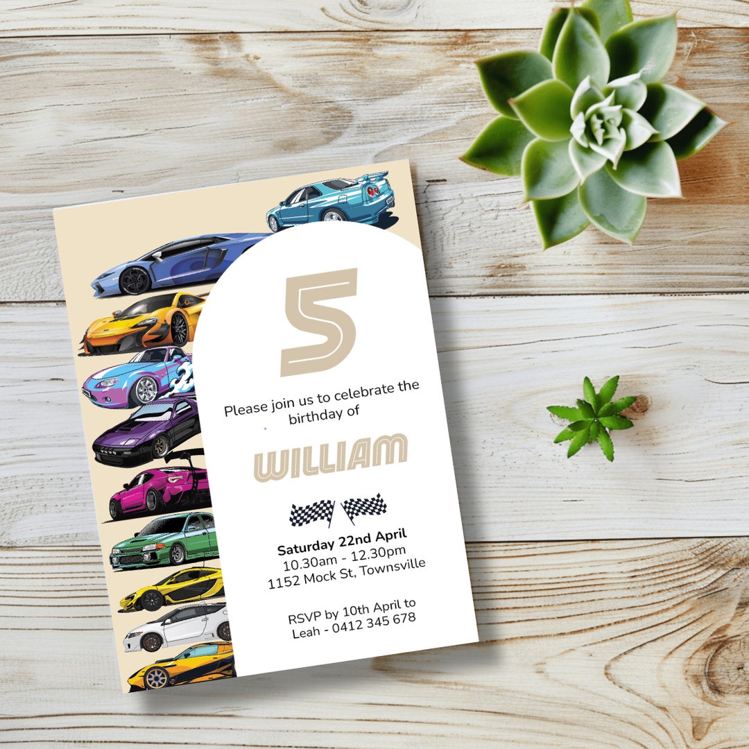 Hot Wheels Cars 5th Birthday Party Invitation Racing Cars Boy 5th ...