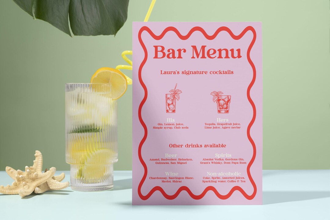 Bar Menu | Birthday Party List of Drinks & Cocktails | Wine and Beer ...